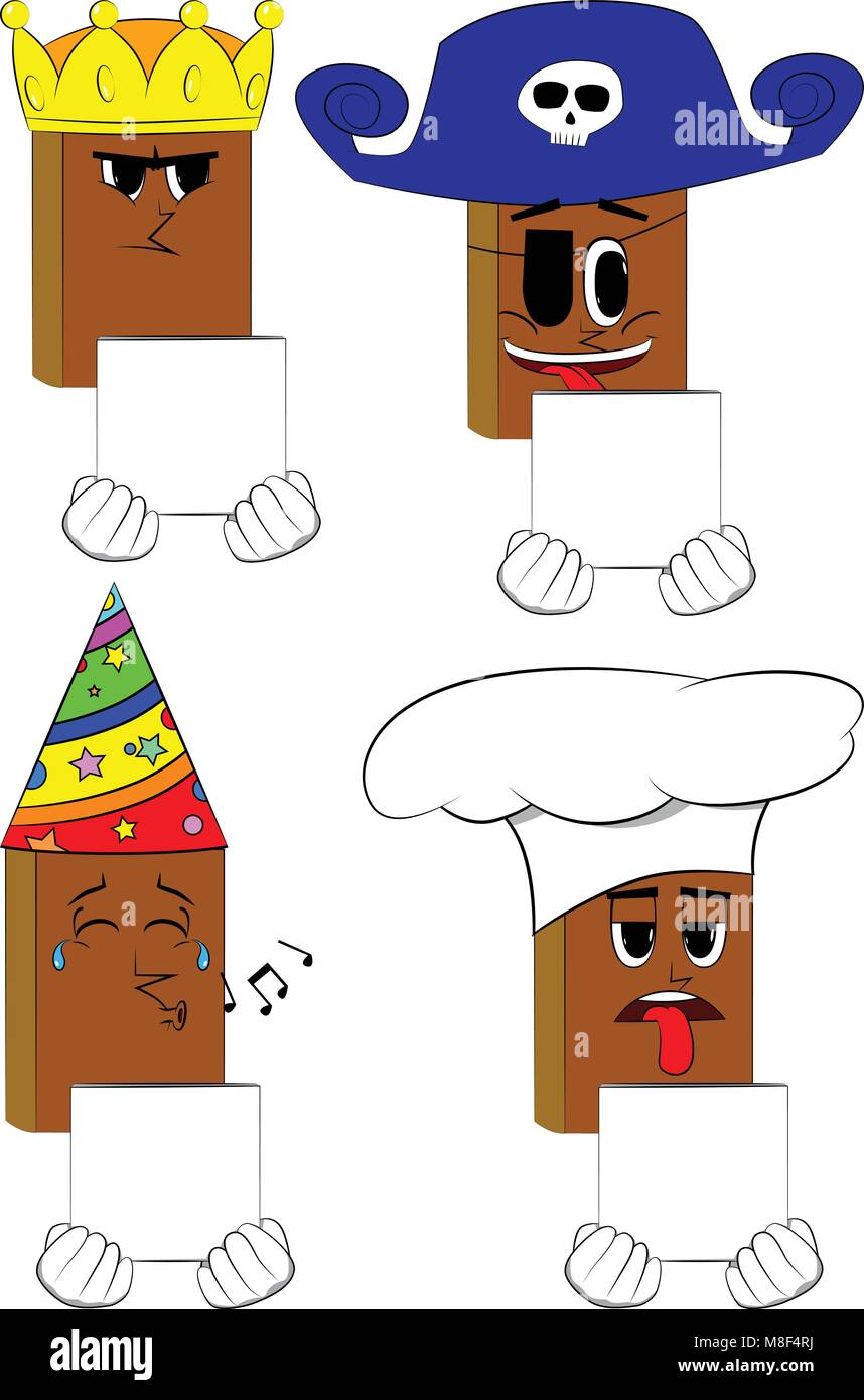 Books holding white box. Cartoon book collection with costume faces ...