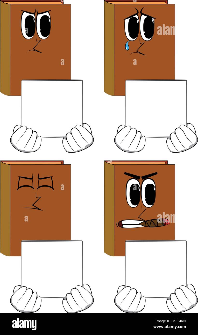 Books holding white box. Cartoon book collection with angry and sad ...