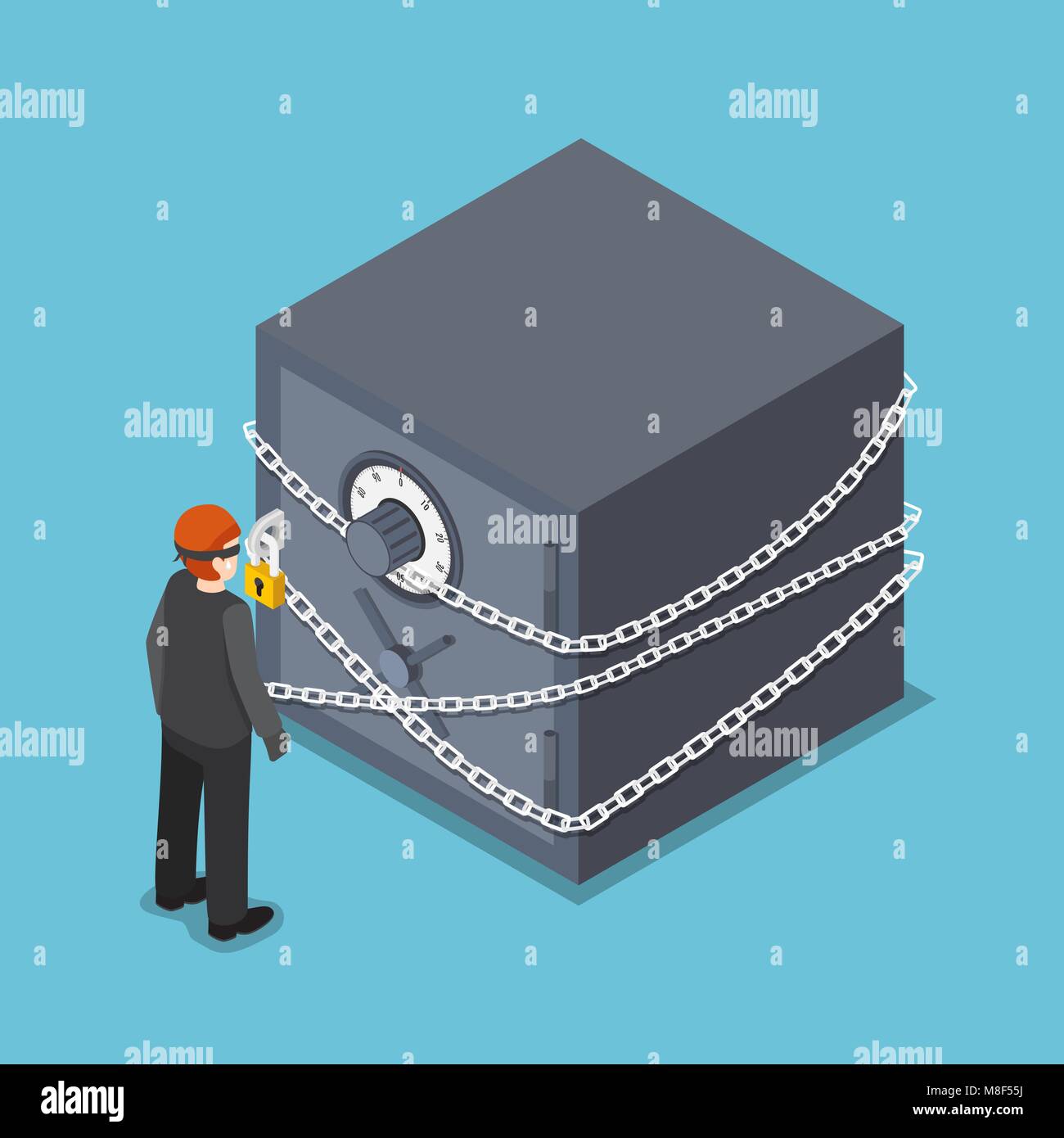 Flat 3d isometric thief standing in front of full security safe box ...