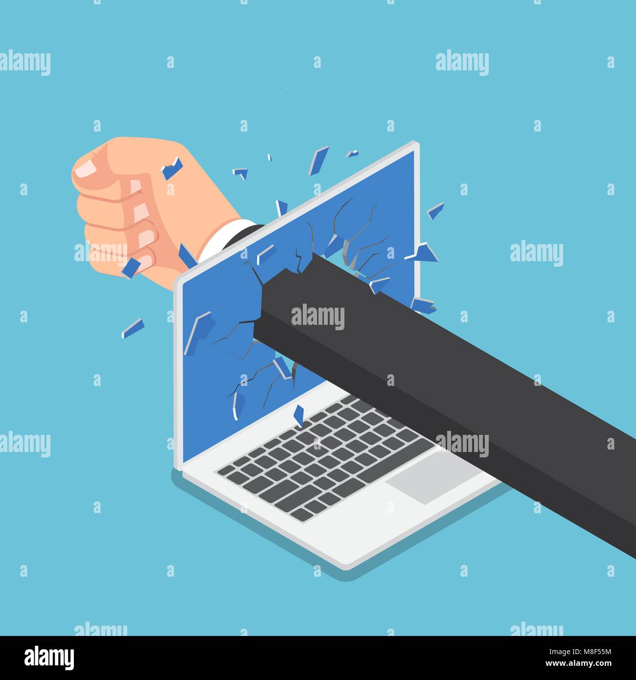 Flat 3d isometric businessman hand punch through laptop monitor. Stress ...
