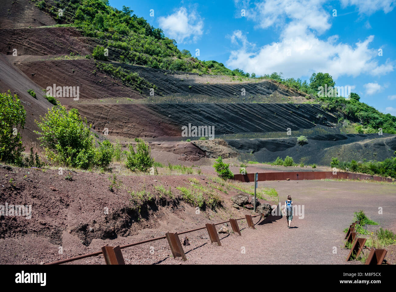 woman walking open volcano, croscat, la Garrotza, Catalonia, Spain ...