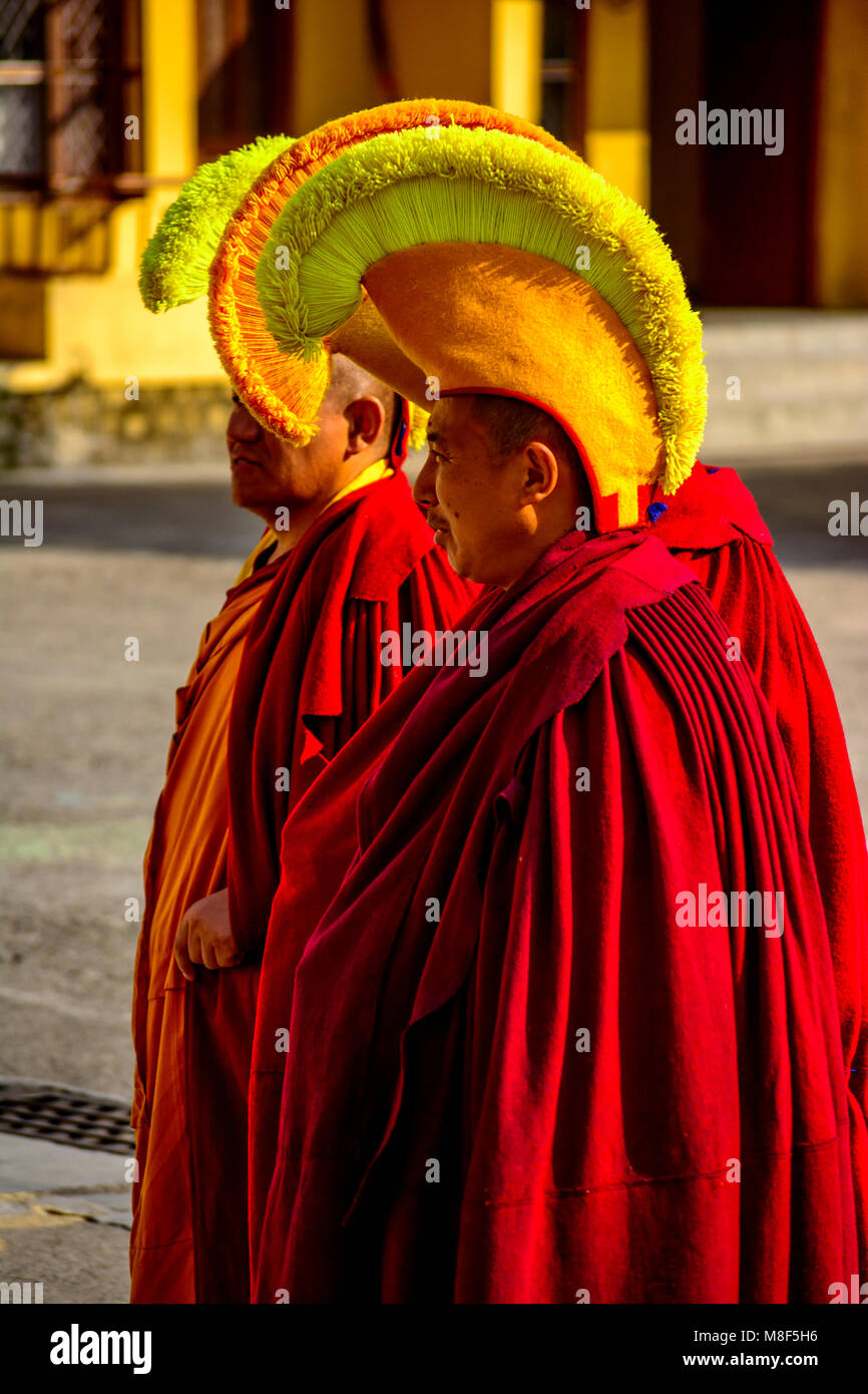Tibetan Bhudhist Monk with Yellow Hat going for prayer, Gyuto Monastry ...