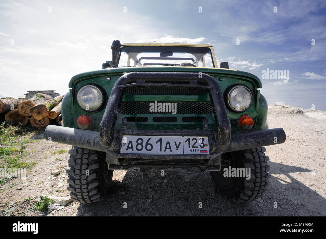Soviet and Russian suv UAZ in the mountains of the Caucasus Stock Photo ...
