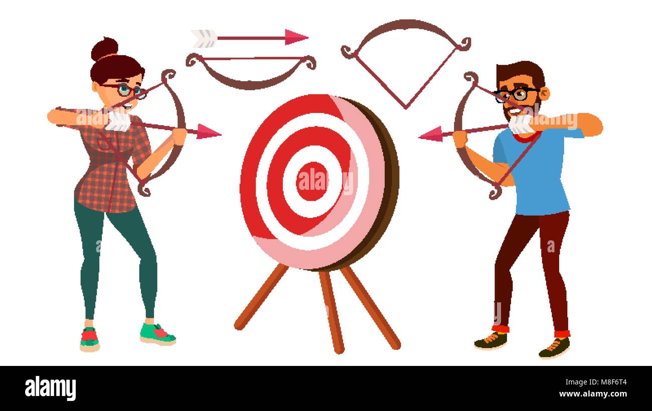 Archery Concept Vector. Woman And Man Shooting From A Bow In A Target ...