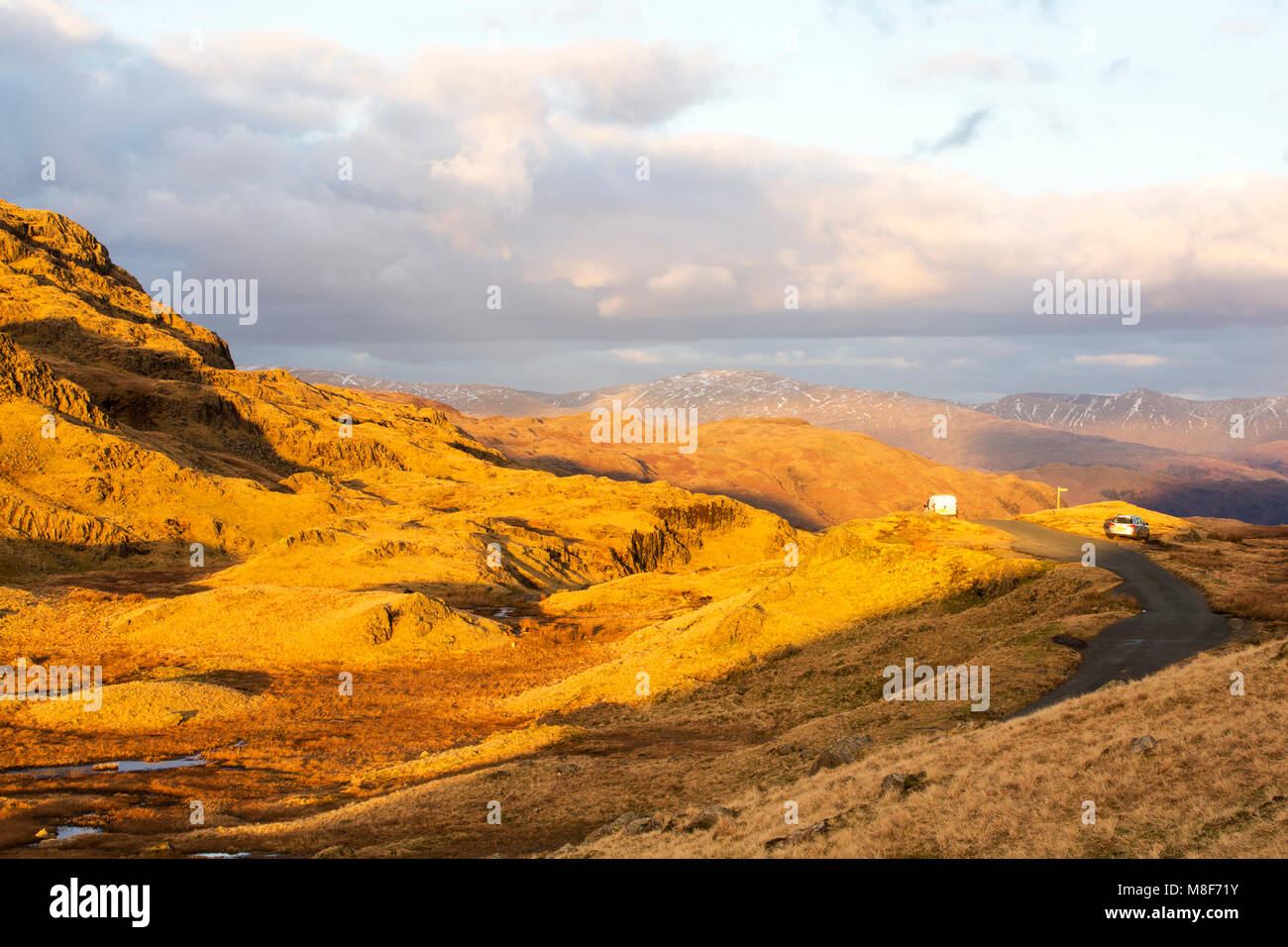 The summit of Wrynose Pass at sunset in the Lake District, UK Stock ...