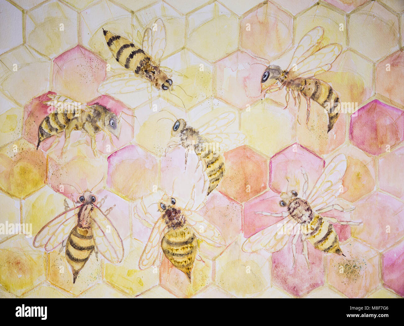 Gathering of bees in hexagon construction. The dabbing technique gives ...