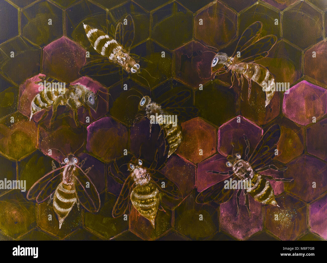 Seven bees in hexagon construction. The dabbing technique gives a soft ...