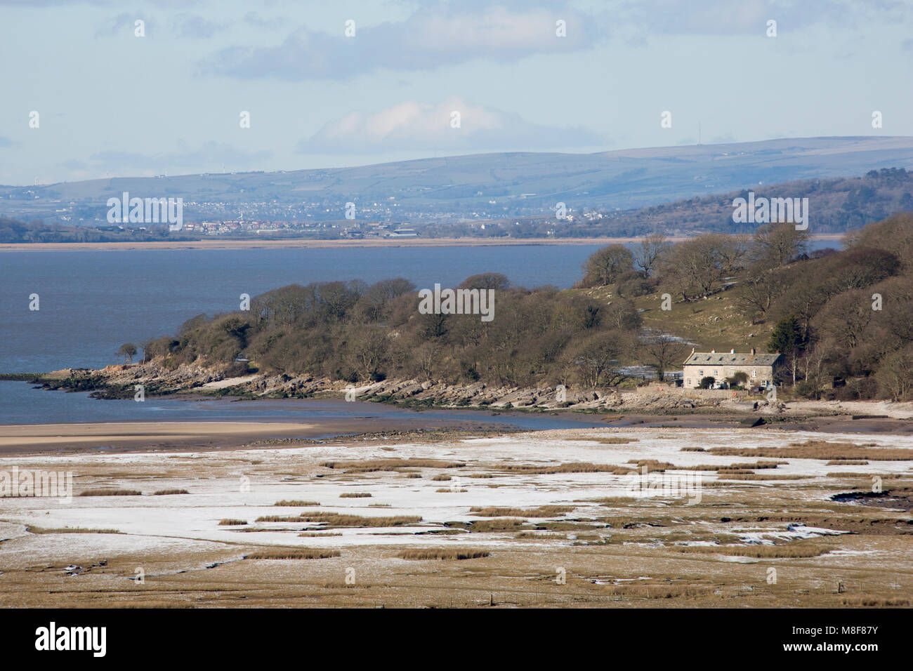 Frozen saltmarshes looking towards Jenny Brown’s point and Morecambe ...