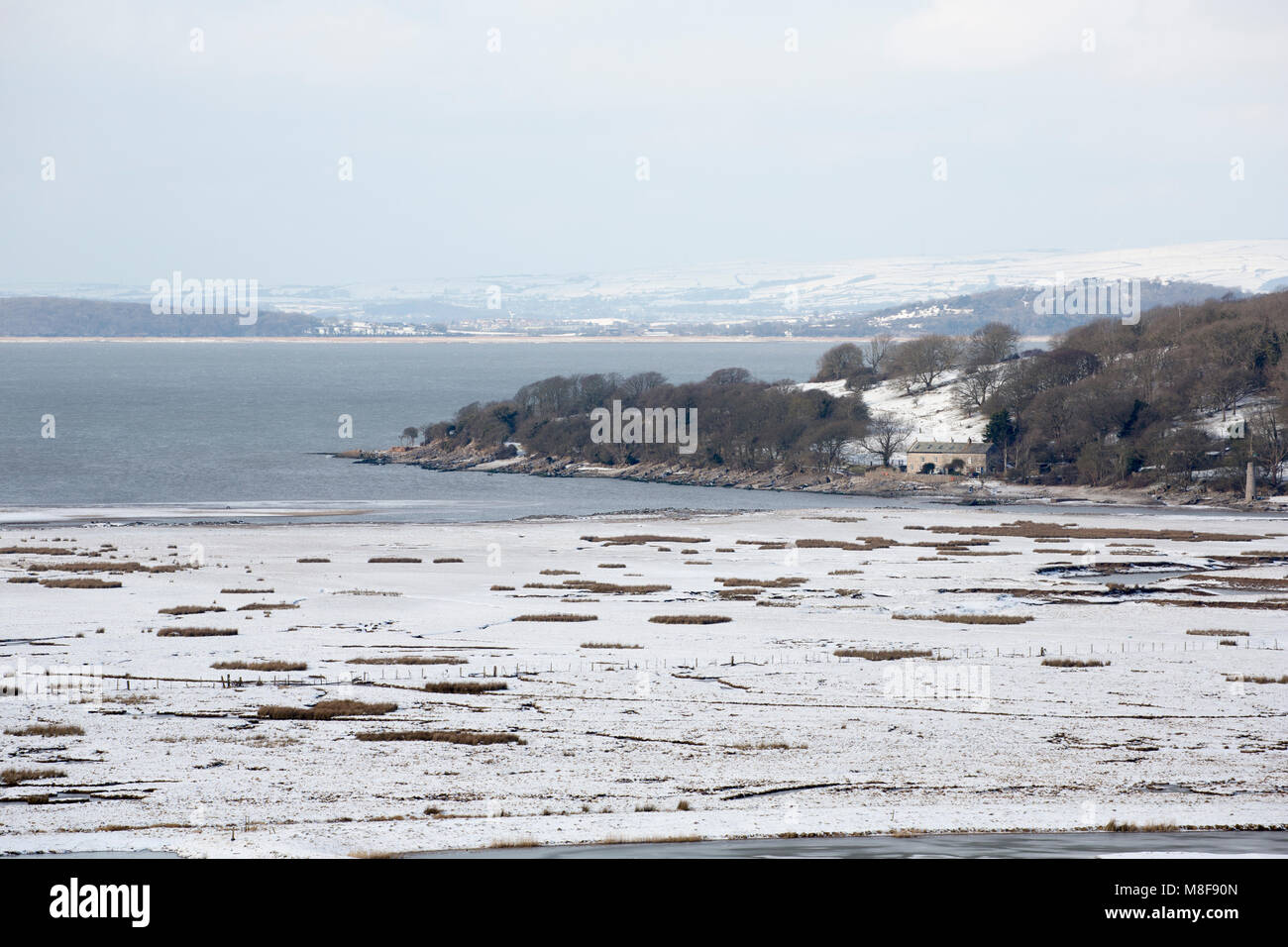 Frozen saltmarshes looking towards Jenny Brown’s point and Morecambe ...