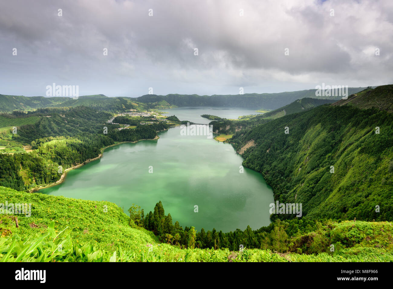 Panoramic landscape from Azores lagoons. The Azores archipelago has ...