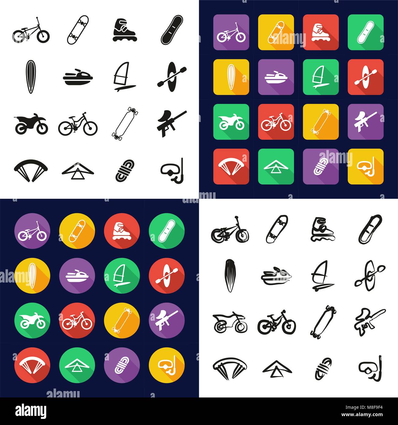 Extreme Sports All in One Icons Black & White Color Flat Design Freehand Set Stock Vector Image ...