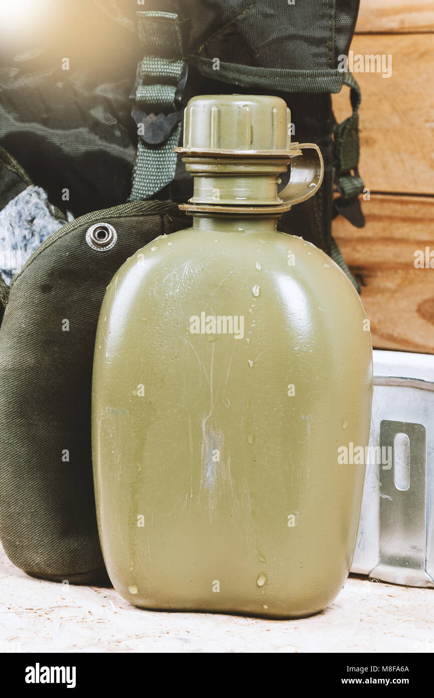 The military water canteen, military water bottle Stock Photo - Alamy