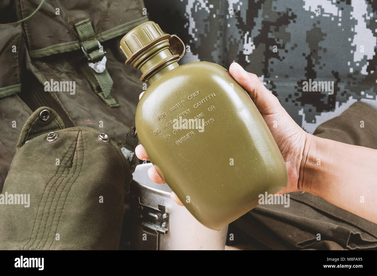 The military water canteen, military water bottle Stock Photo - Alamy