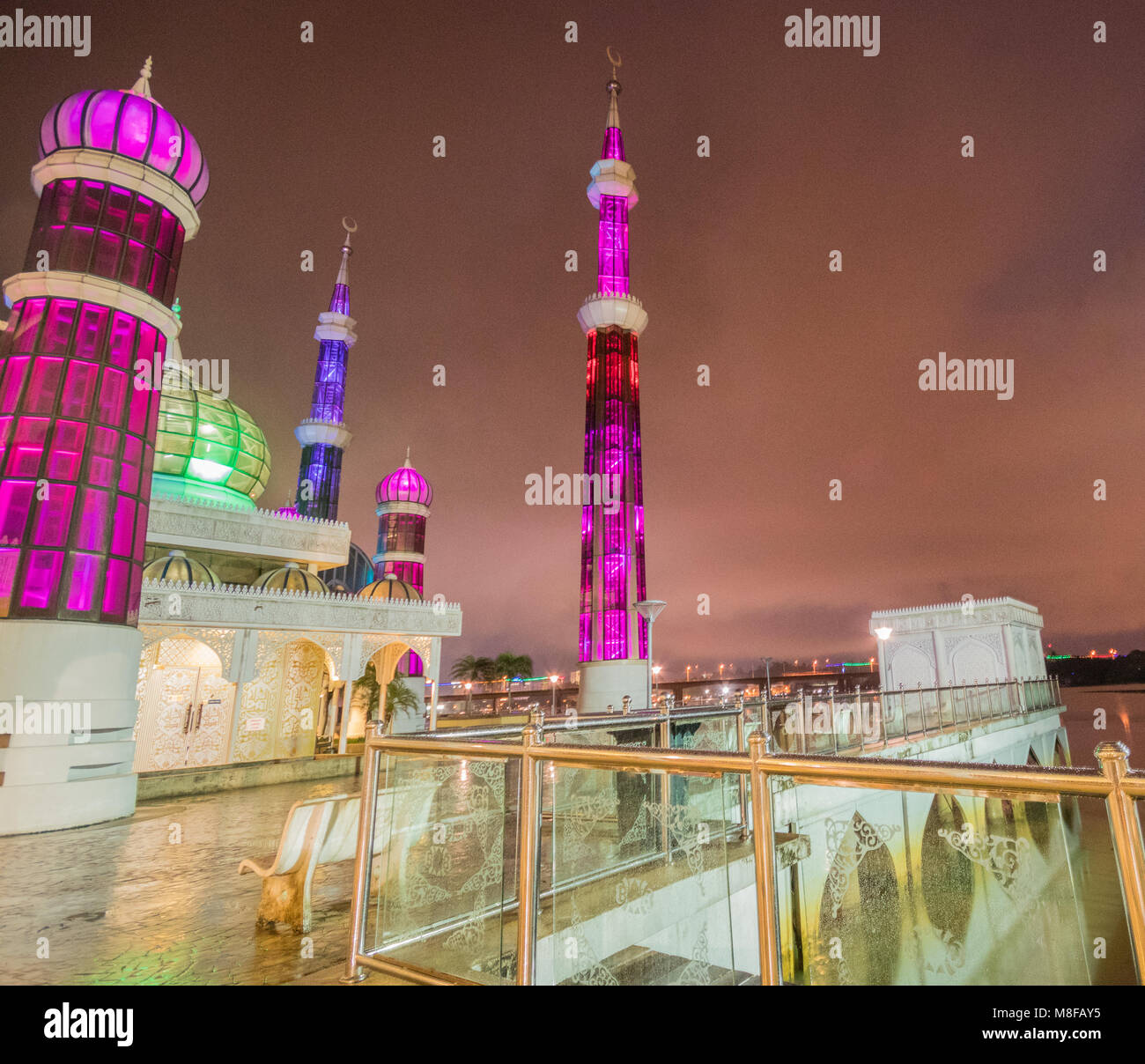 Colourful views of the Masjid Kristal (Crystal Mosque) at night, Kuala ...