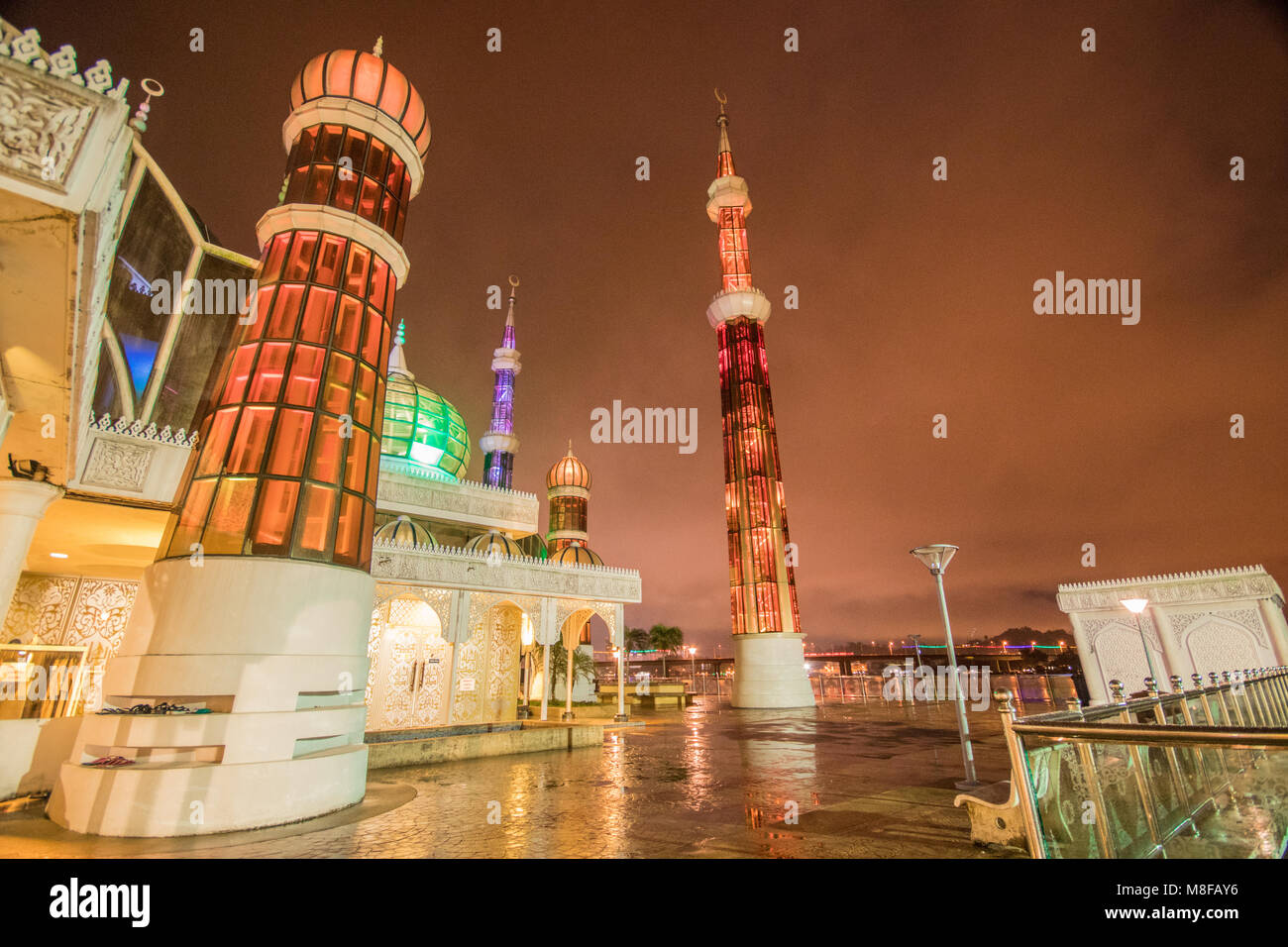 Colourful views of the Masjid Kristal (Crystal Mosque) at night, Kuala ...