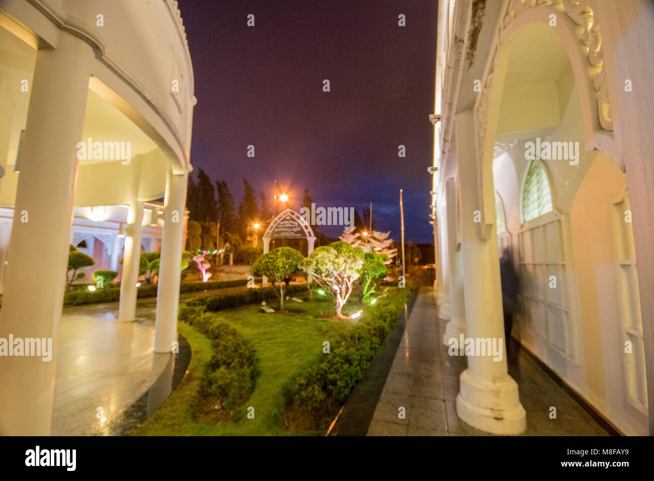Colourful views of the Masjid Kristal (Crystal Mosque) at night, Kuala ...