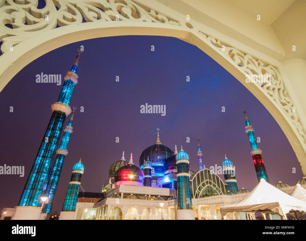 Colourful views of the Masjid Kristal (Crystal Mosque) at night, Kuala ...