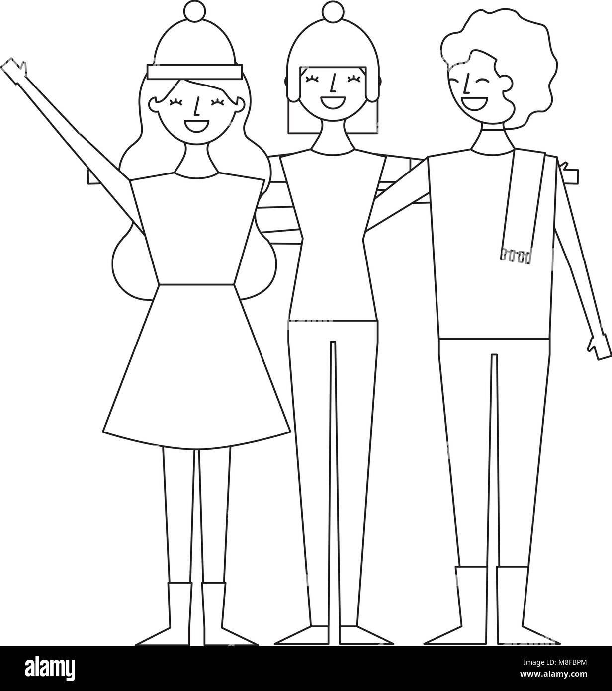 people seasonal winter clothes hugging friends vector illustration thin ...