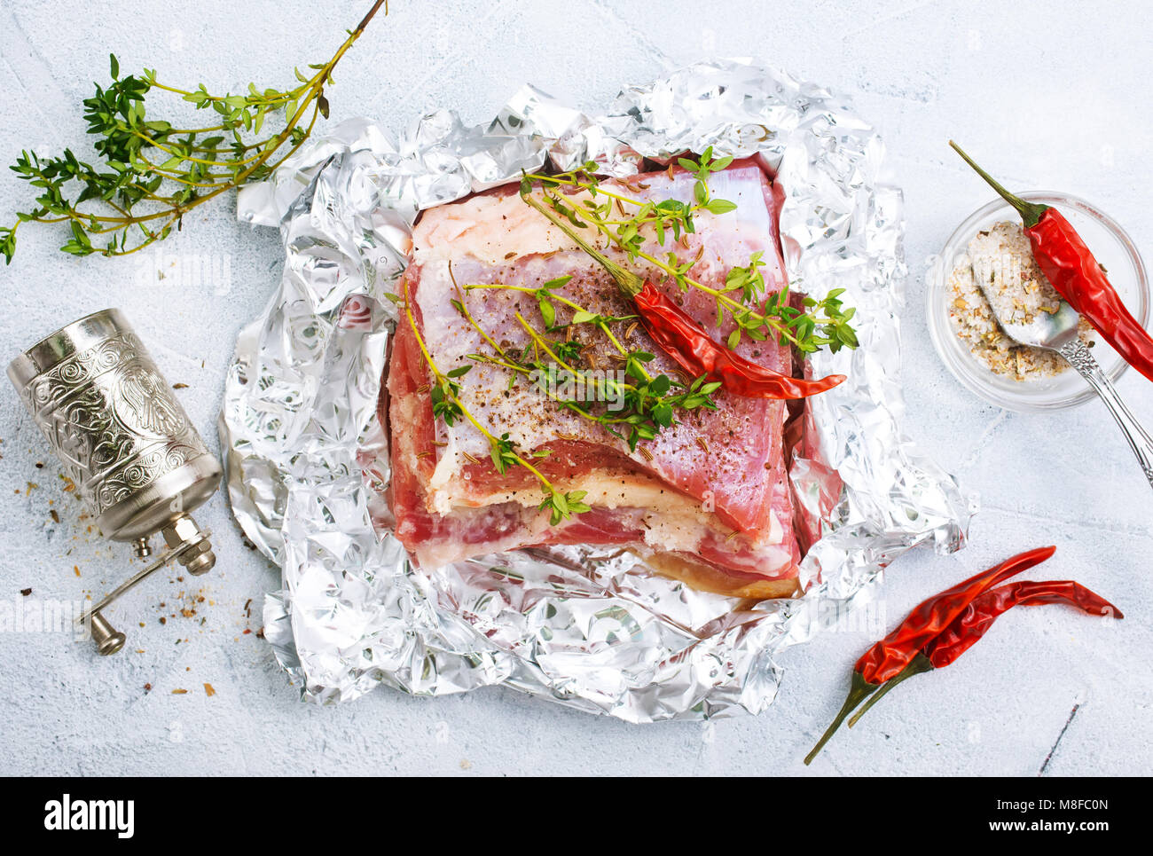 raw meat with aroma spice and salt, stock photo Stock Photo - Alamy