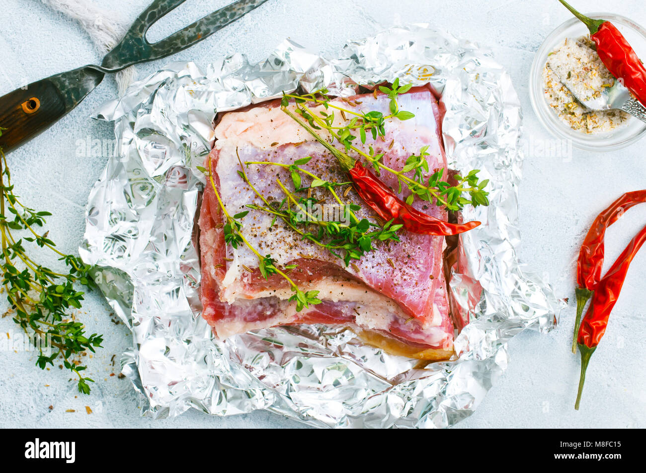 raw meat with aroma spice and salt, stock photo Stock Photo - Alamy