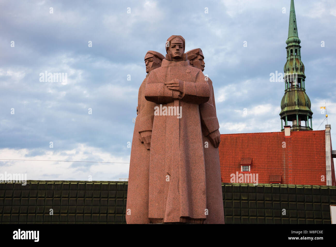 Riga, Latvia. August 21, 2017. Latvian Riflemen Monument in the center ...