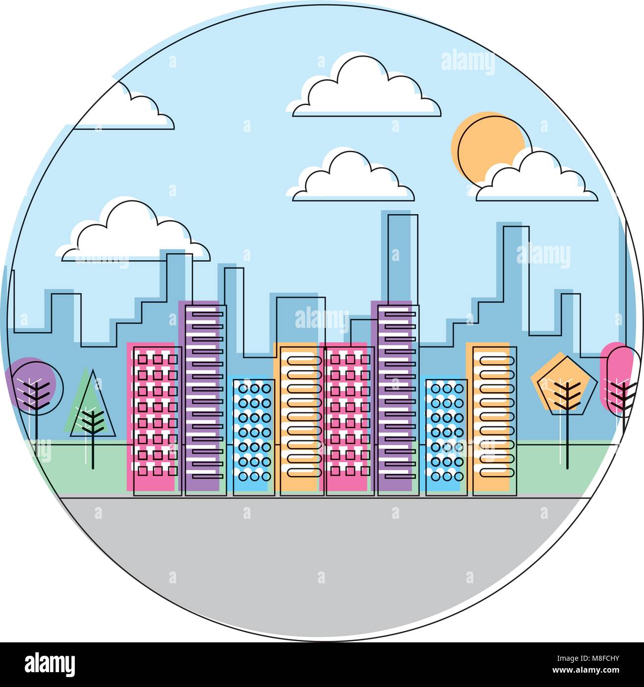 landscape city buildings urban panorama with trees round design vector ...
