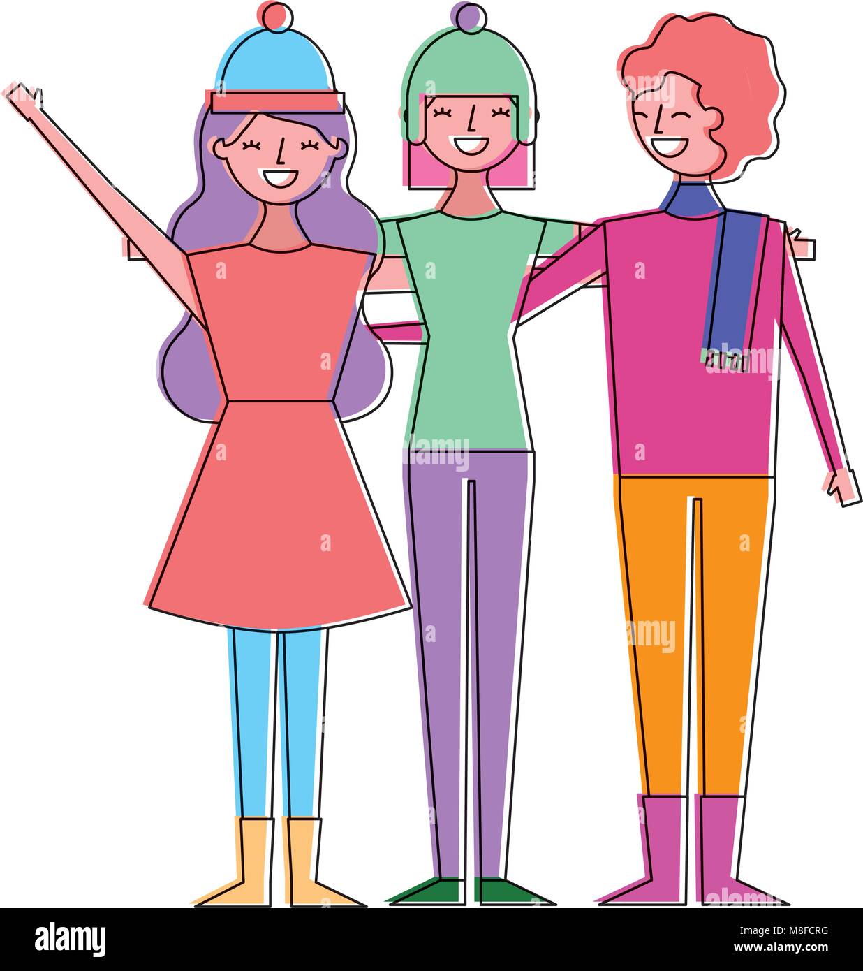 people seasonal winter clothes hugging friends vector illustration ...