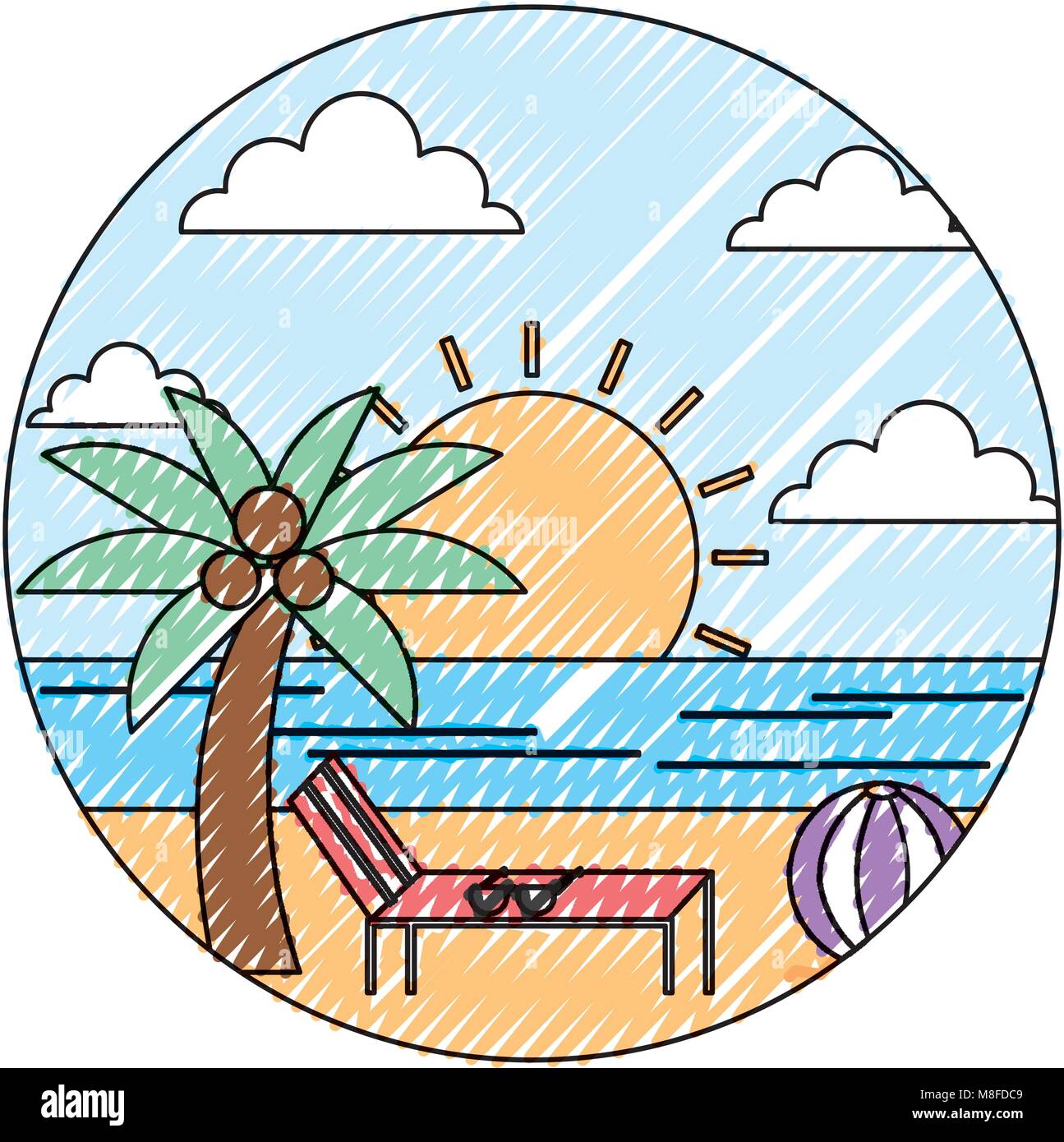 Landscape Summer Beach Sun Lounger Sea Palm Ball Round Design Vector