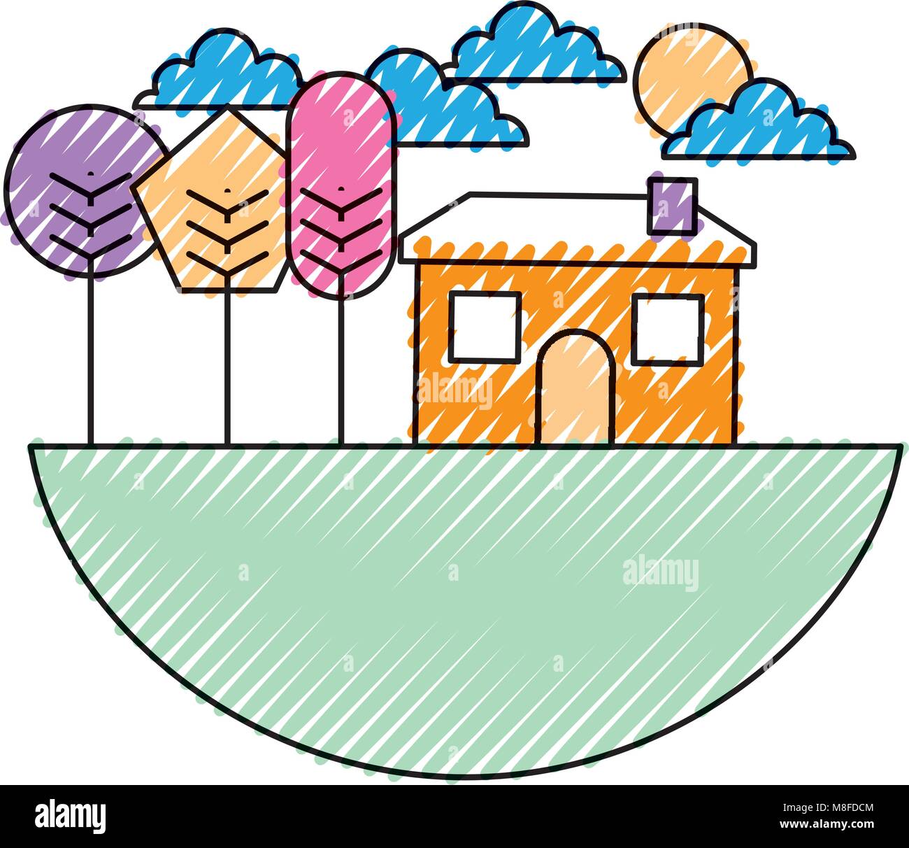 landscape house trees clouds sun round design vector illustration ...