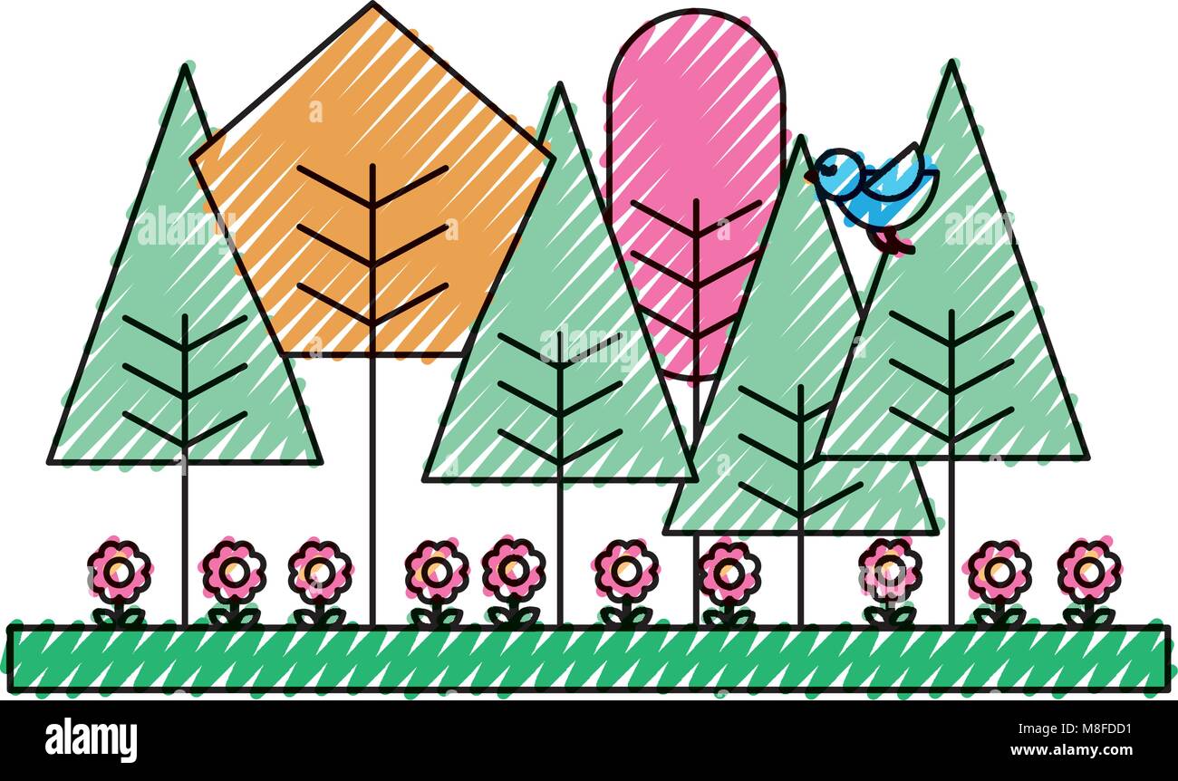 spring natural flowers trees bird landscape vector illustration drawing ...