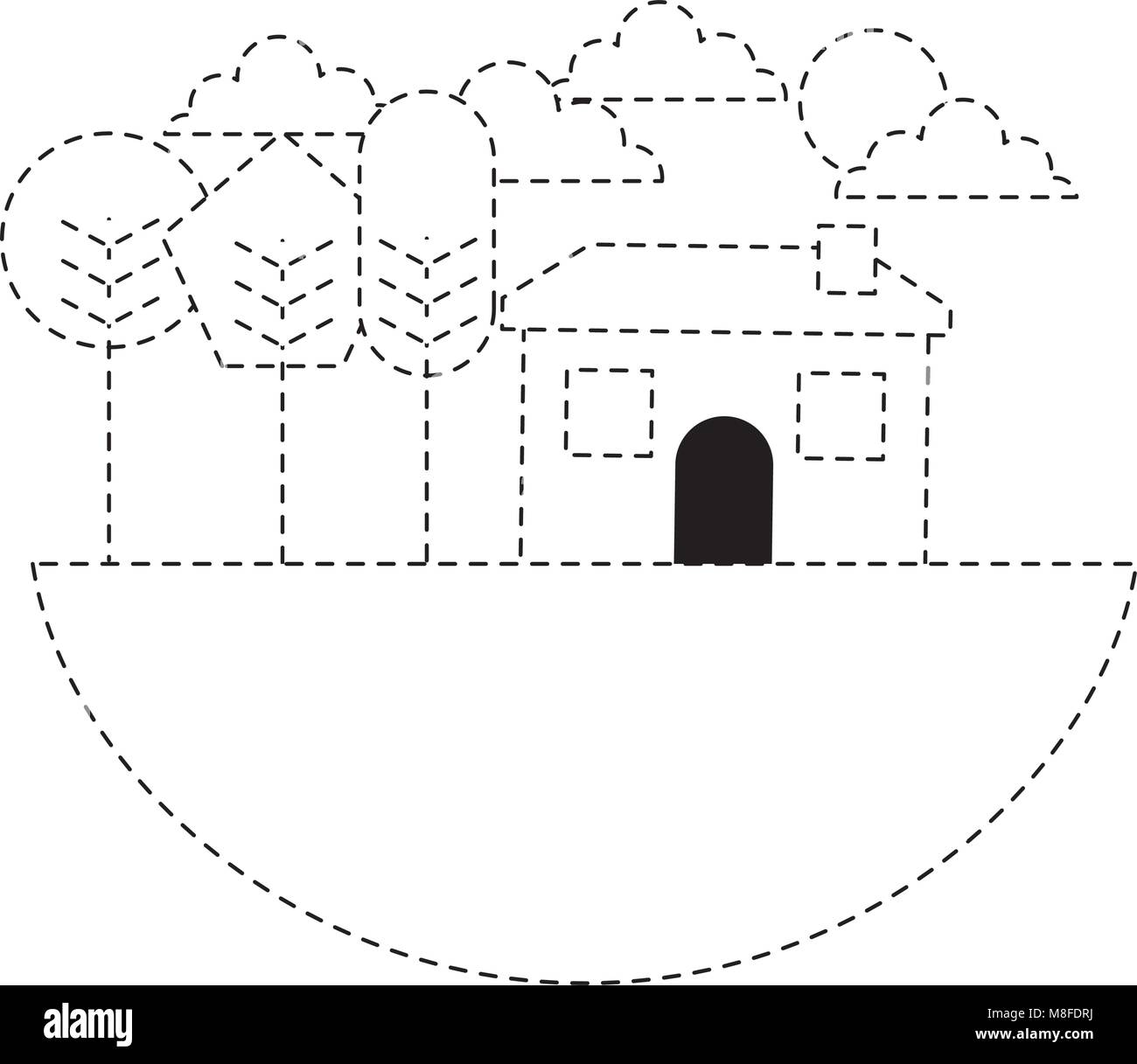 landscape house trees clouds sun round design vector illustration ...
