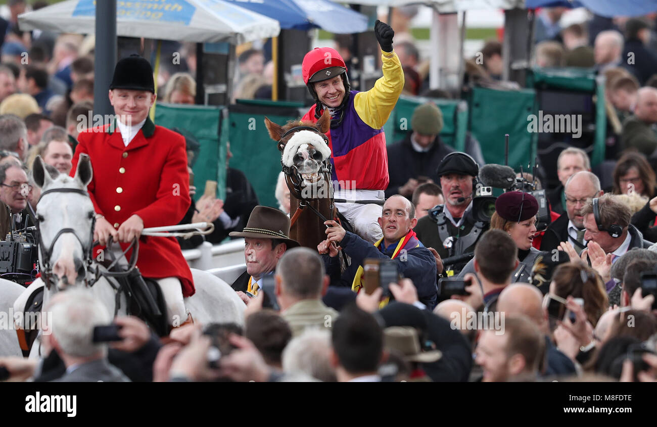 Richard Johnson celebrates his victory on Native River in the Timico ...