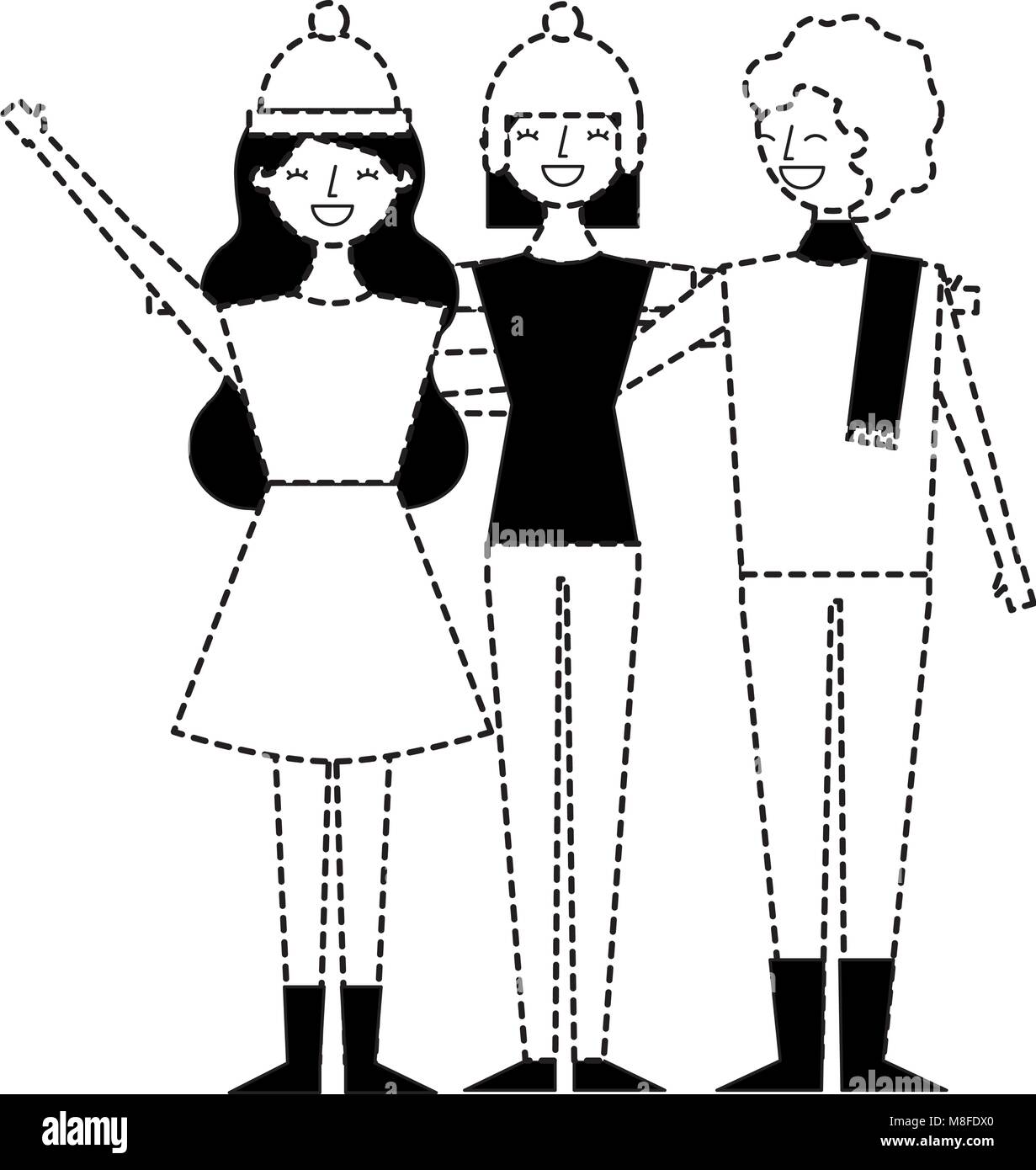 people seasonal winter clothes hugging friends vector illustration ...