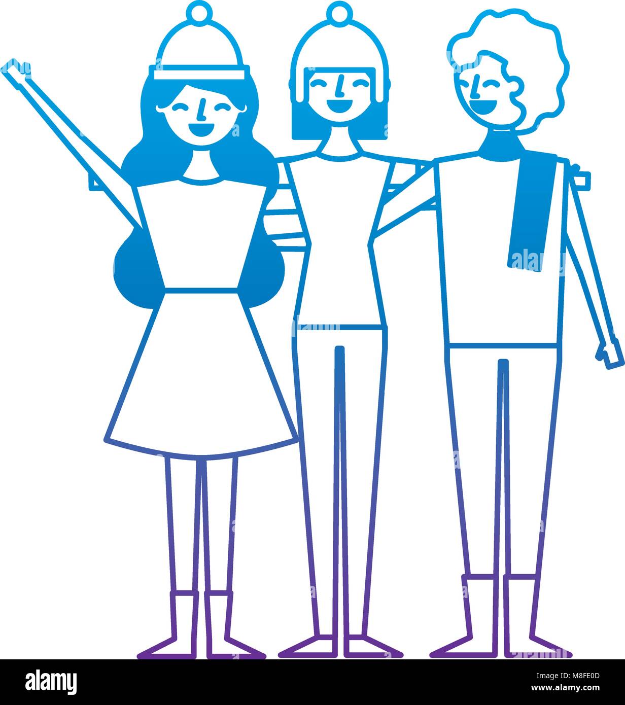 people seasonal winter clothes hugging friends vector illustration ...