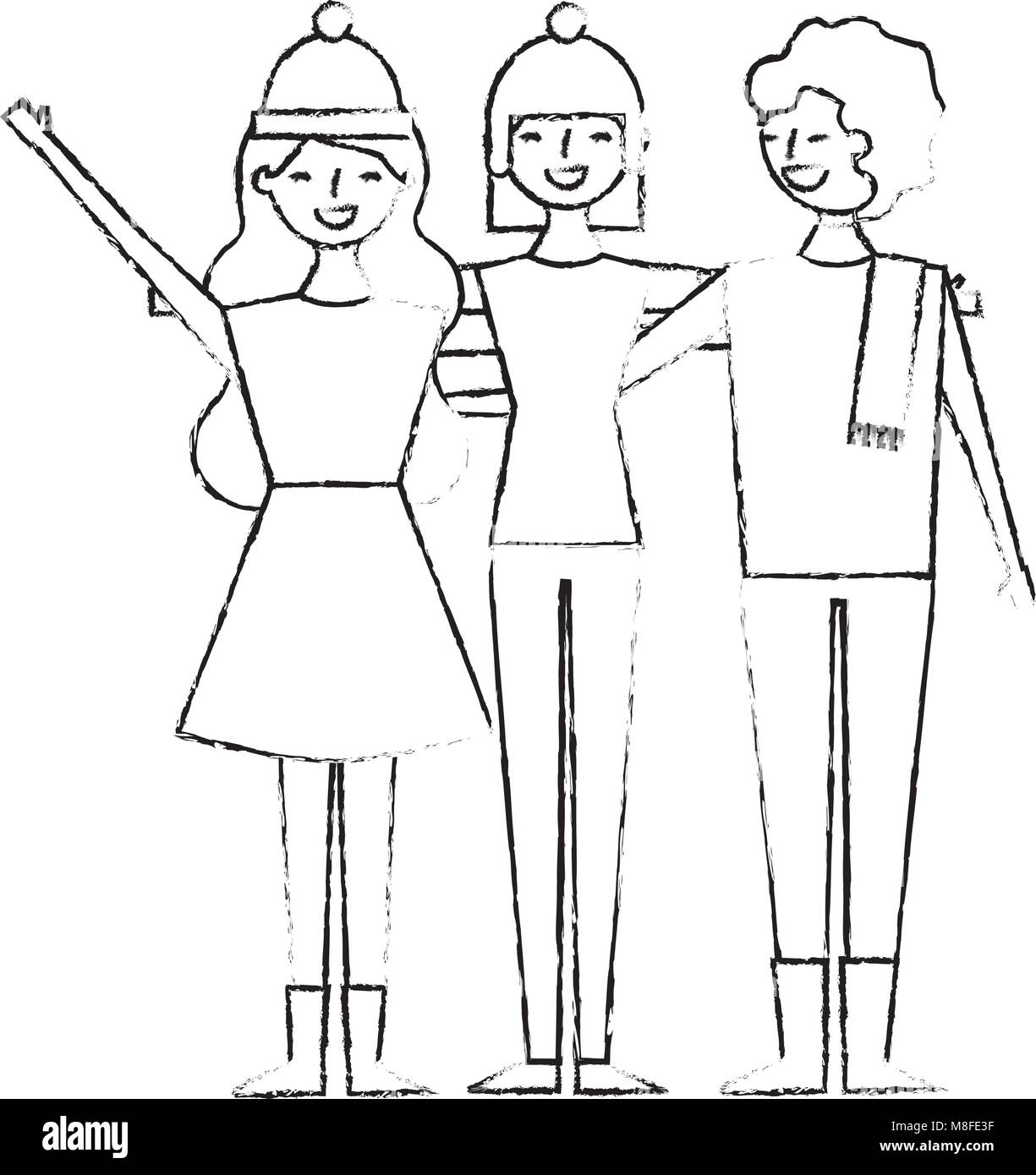 people seasonal winter clothes hugging friends vector illustration ...