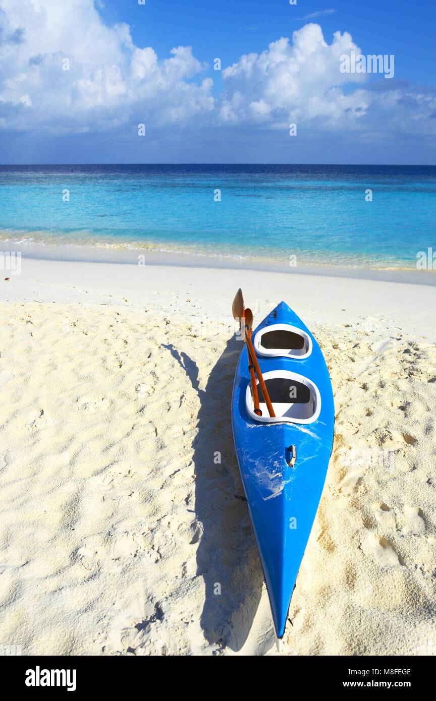 Paddle blue boat is on a sandy beach Stock Photo - Alamy
