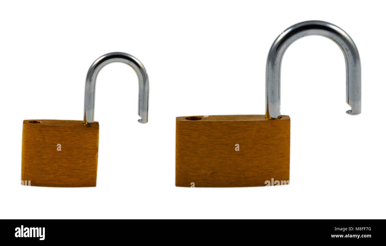Two open locks is on white background Stock Photo - Alamy