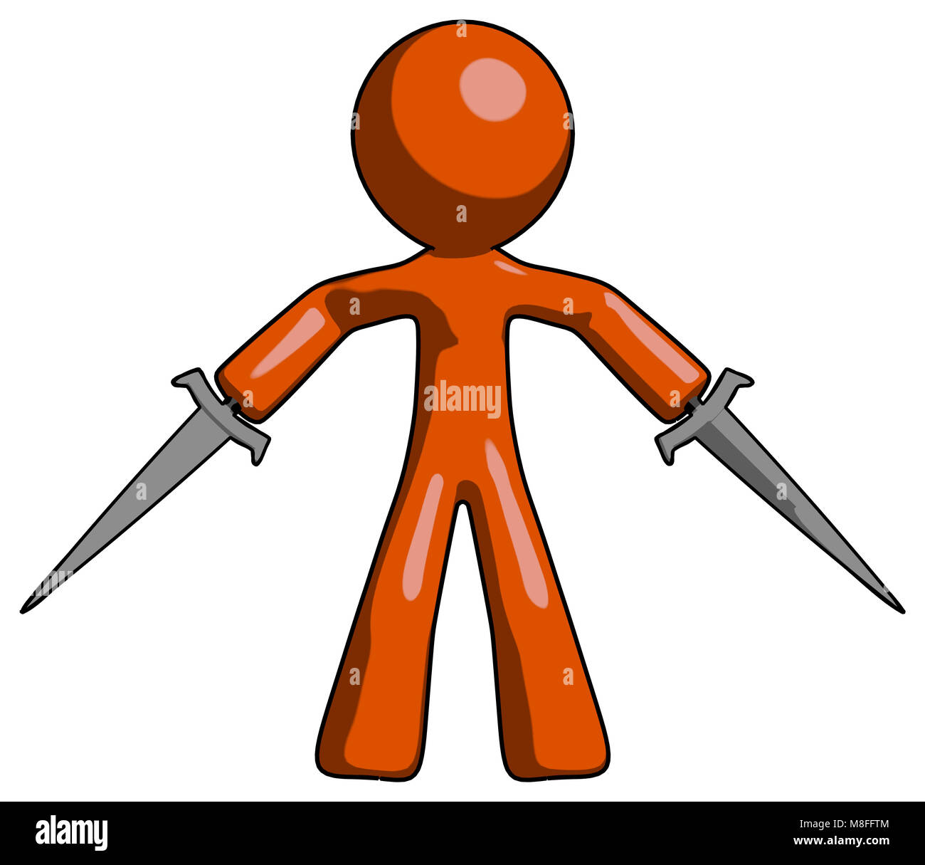 Orange design mascot man two sword defense pose Stock Photo - Alamy