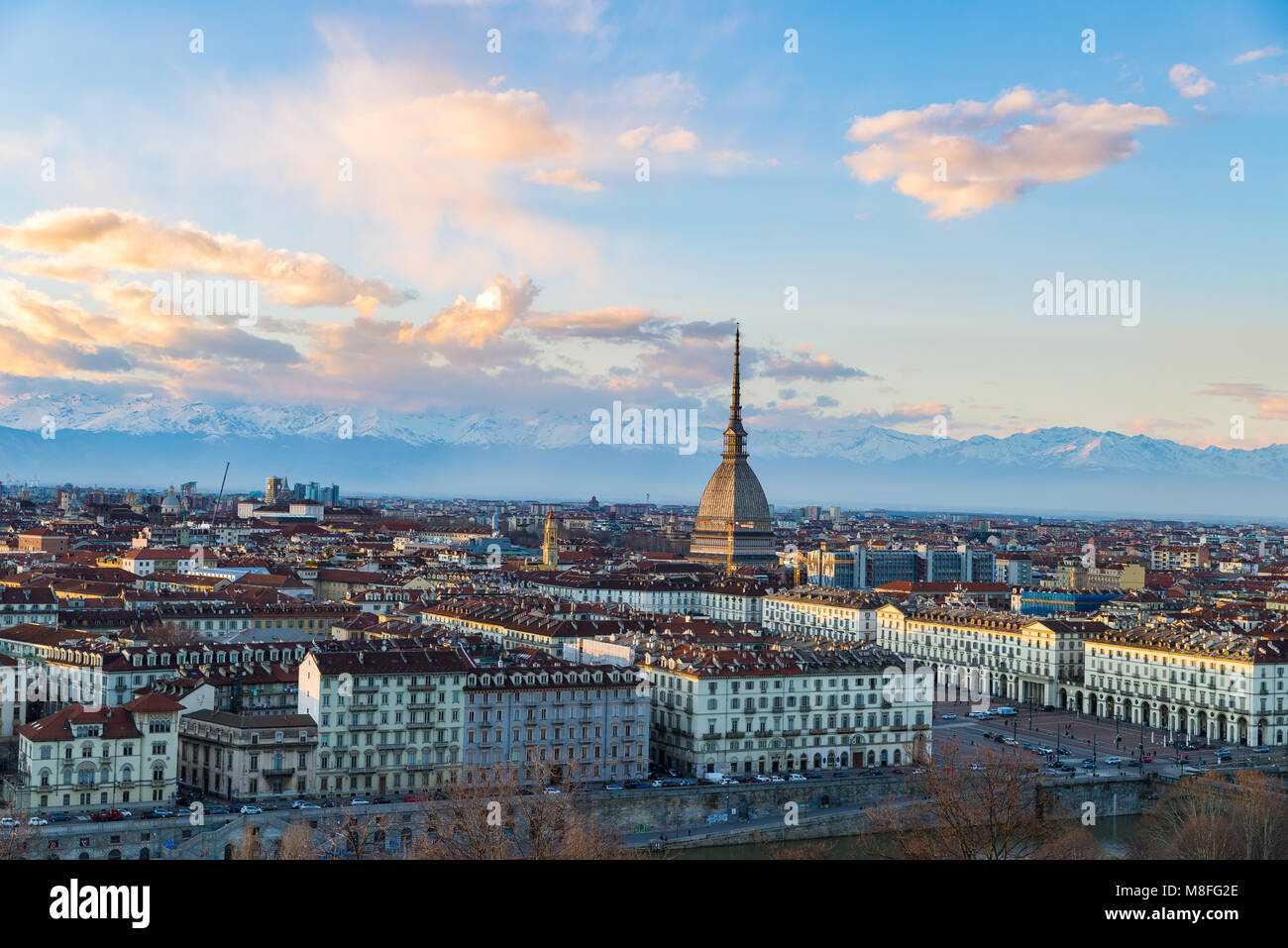 Turin skyline at sunset. Torino, Italy, panorama cityscape with the ...