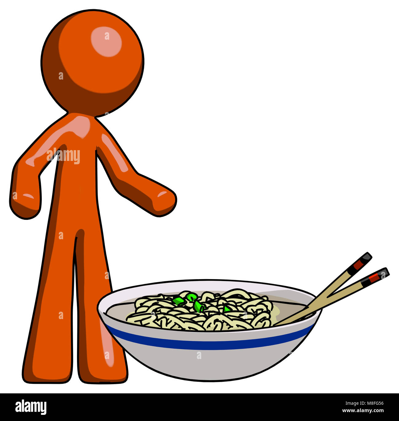 Orange design mascot man and noodle bowl, giant soup restaraunt concept ...