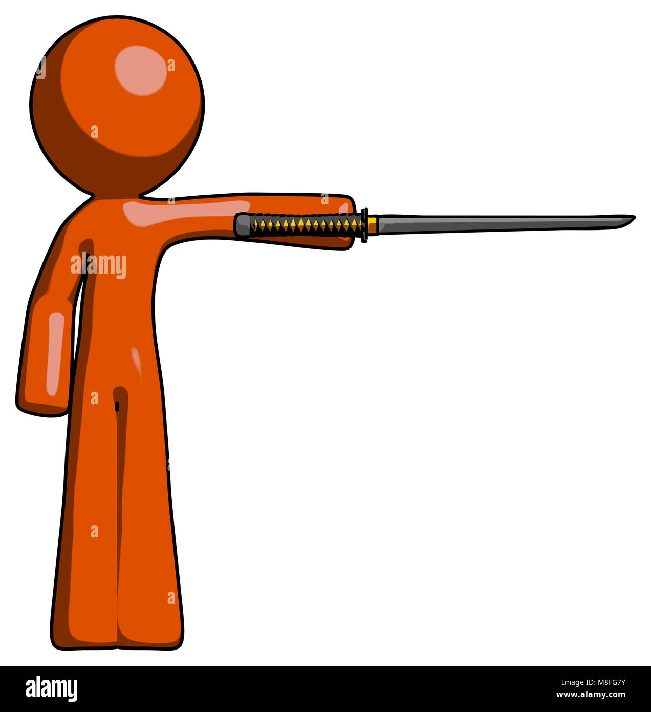 Orange design mascot man standing with ninja sword katana pointing ...