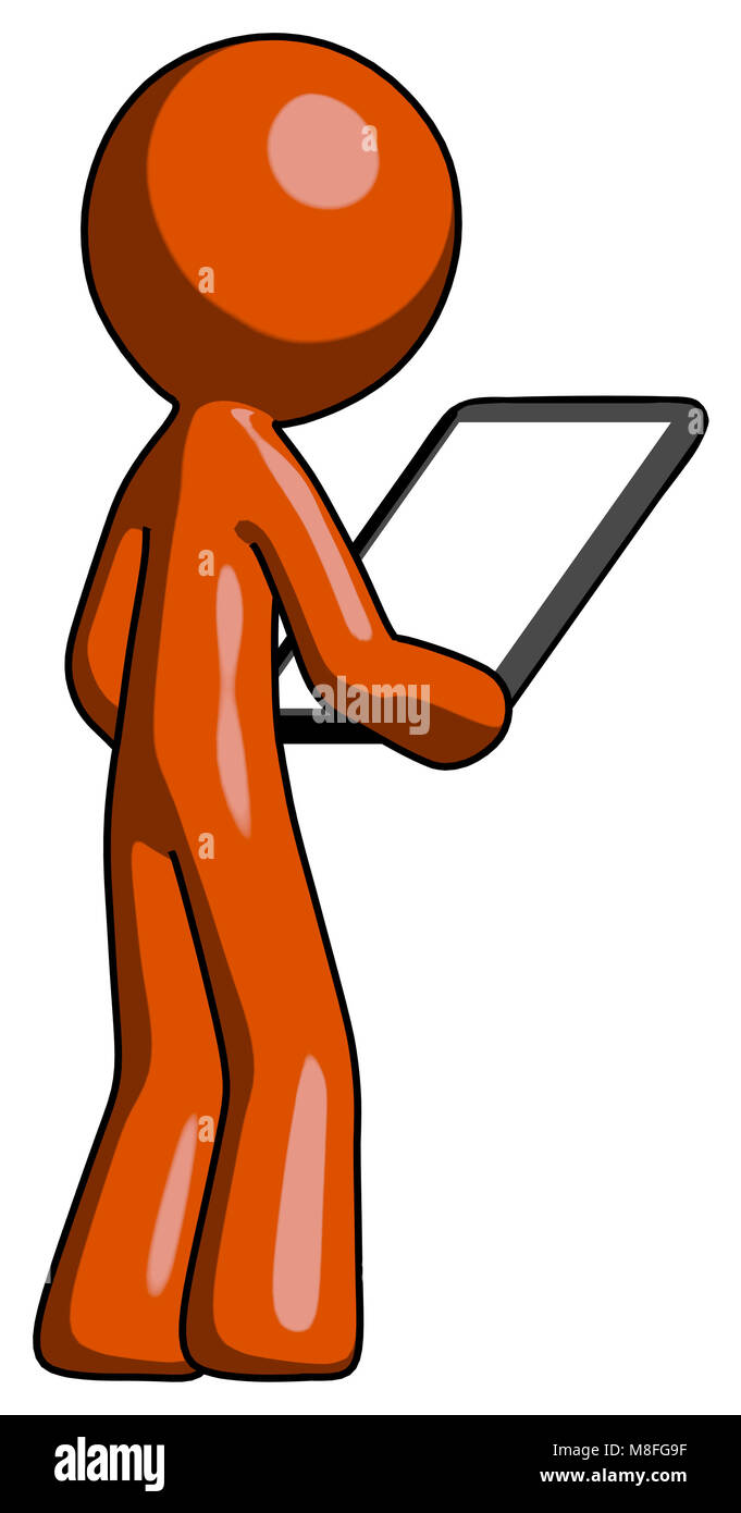 Orange design mascot man looking at tablet device computer facing away ...
