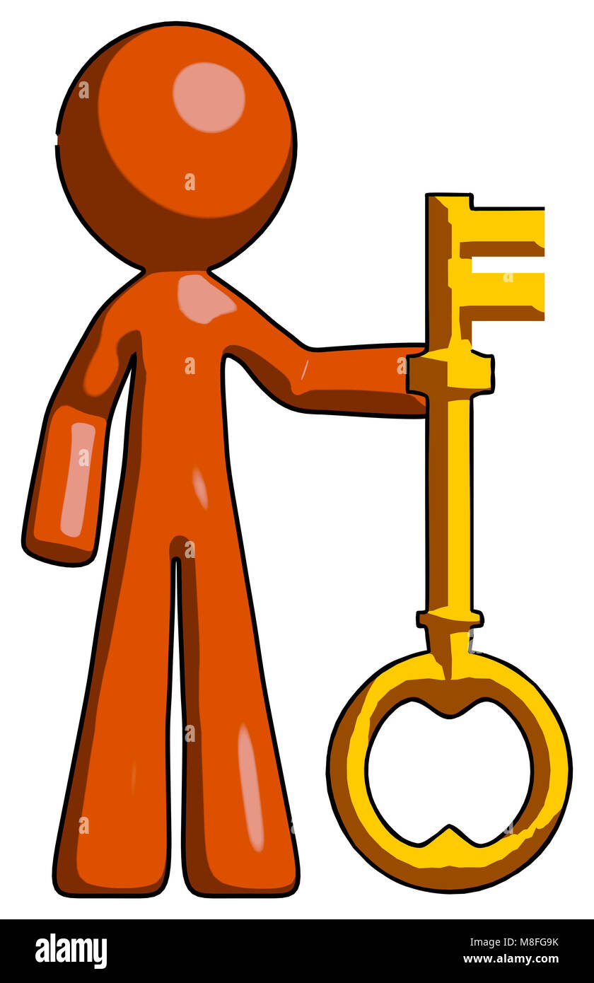 Orange design mascot man holding key made of gold Stock Photo - Alamy