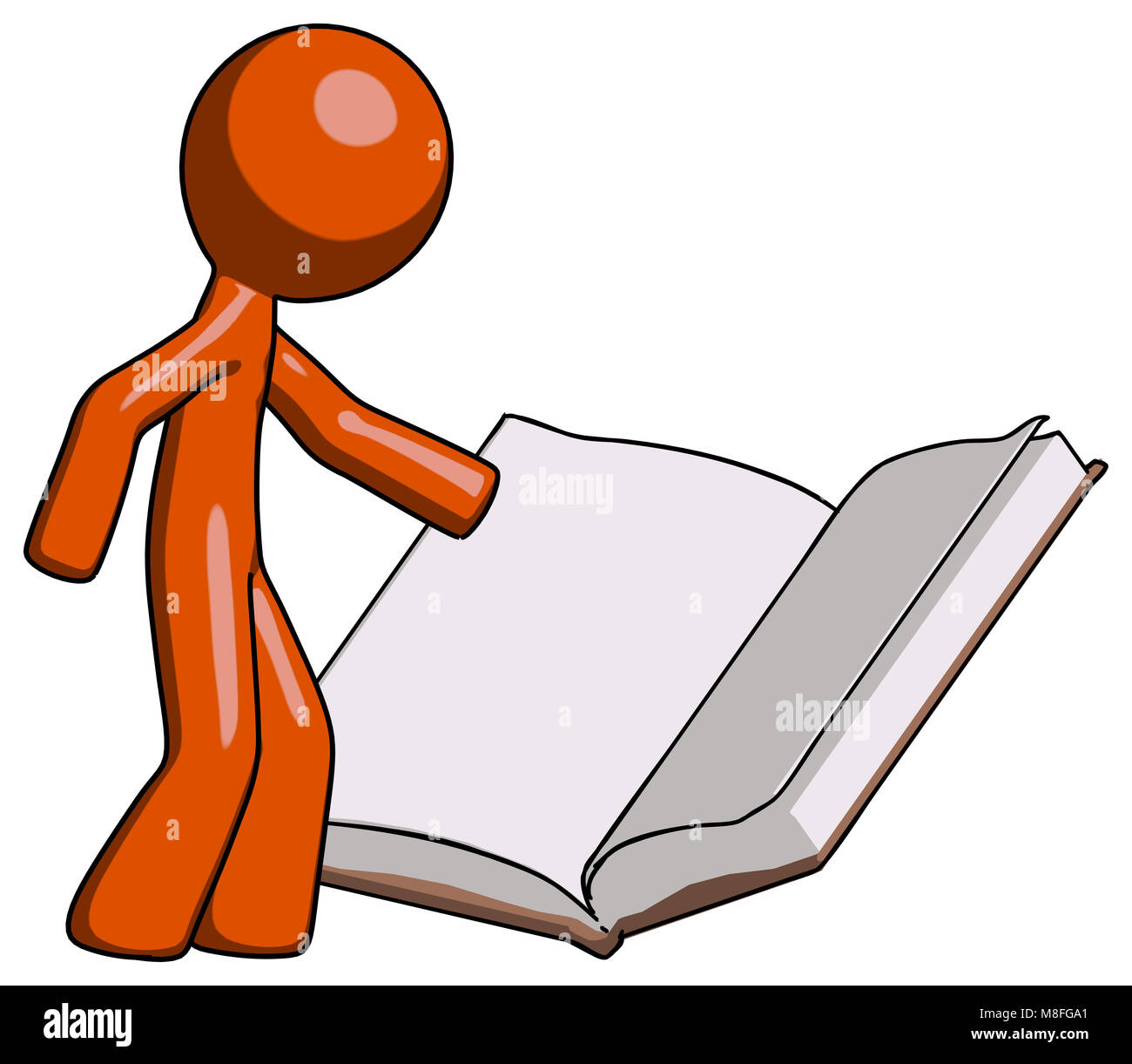 Orange design mascot man reading big book while standing beside it ...