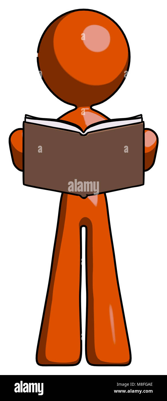 Orange design mascot woman reading book while standing up facing viewer ...