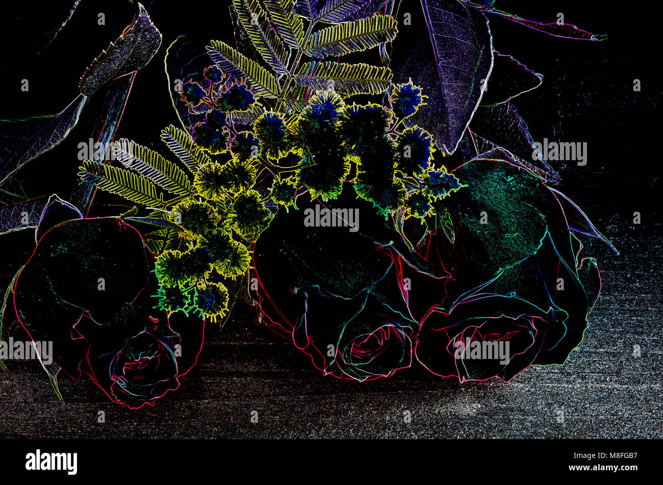 Three red roses against a brown background with yellow mimosa Stock ...