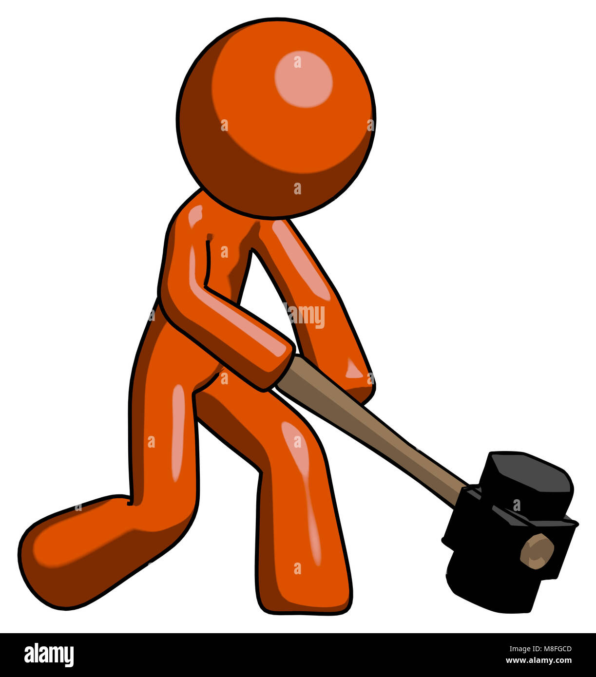 Orange design mascot man smashing with sledgehammer, or hitting ...