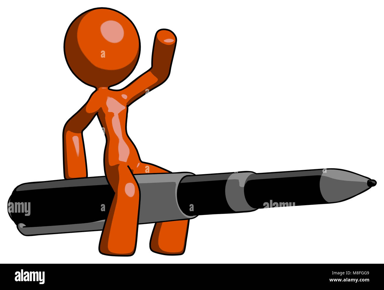 Orange design mascot woman riding a pen like a giant rocket Stock Photo - Alamy