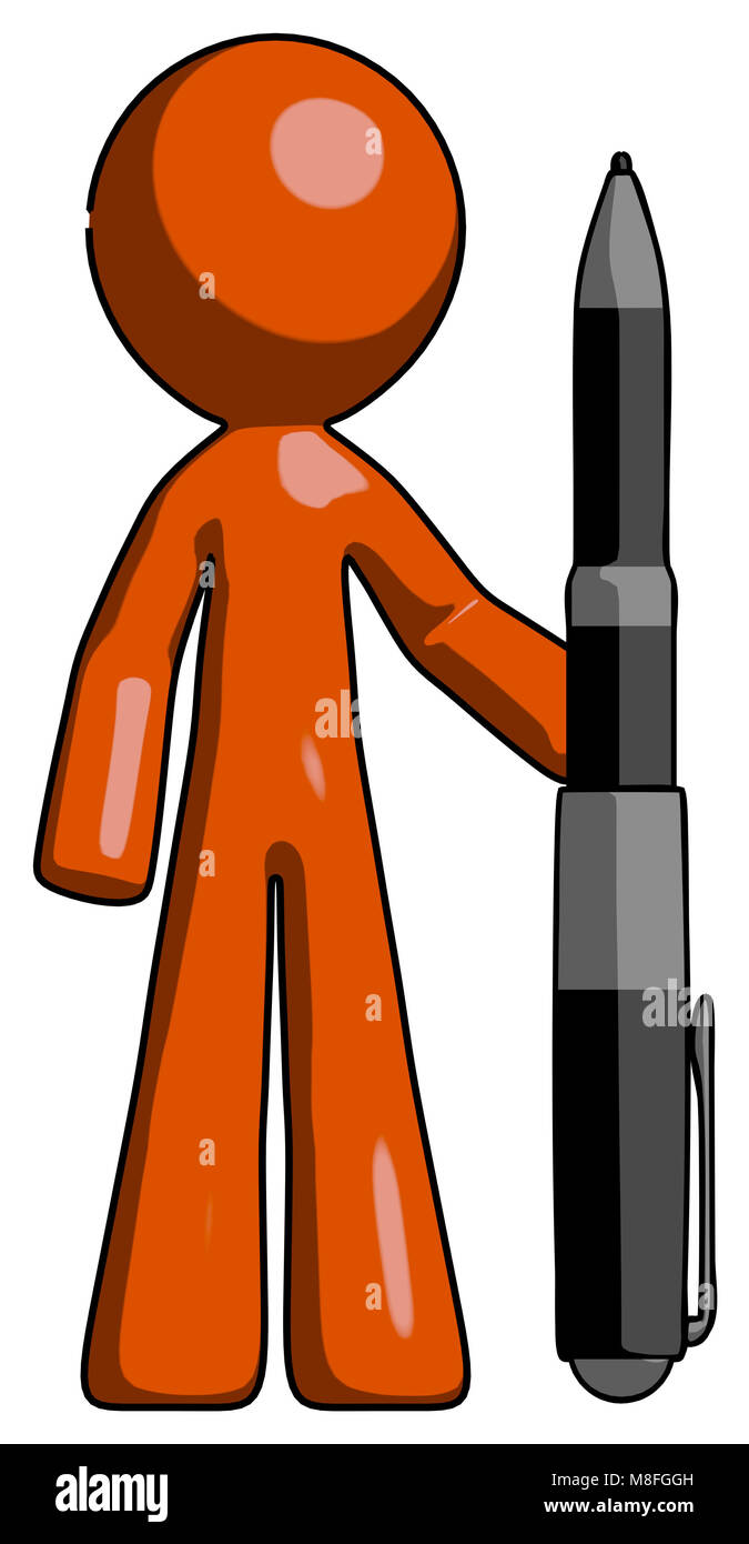 Orange design mascot man holding large pen Stock Photo - Alamy