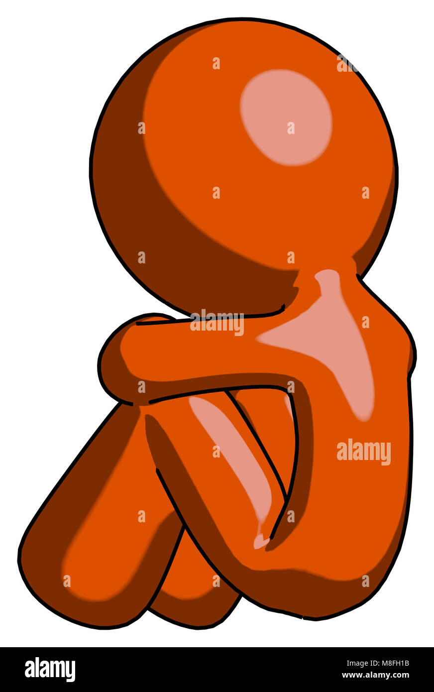 Orange design mascot man sitting with head down back view facing left ...